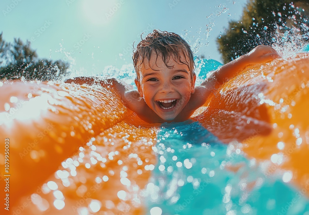 A young boy is sliding down an inflatable slide at the water park, his ...