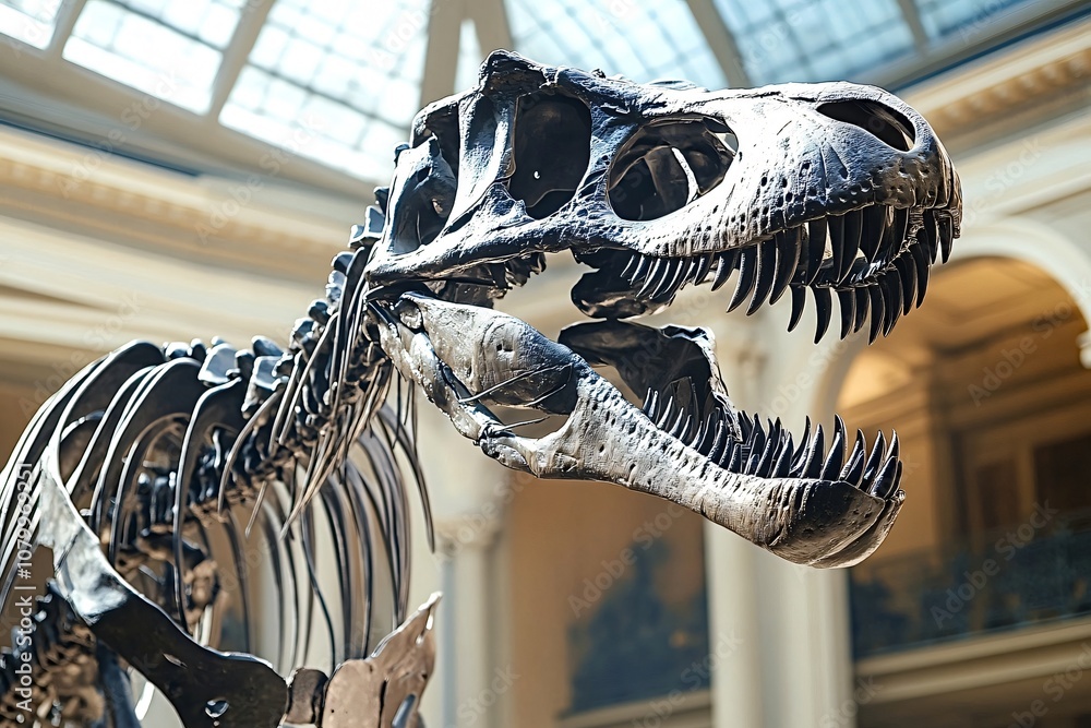 Discover a complete t-rex skeleton exhibit in a natural history museum, showcasing the powerful ...