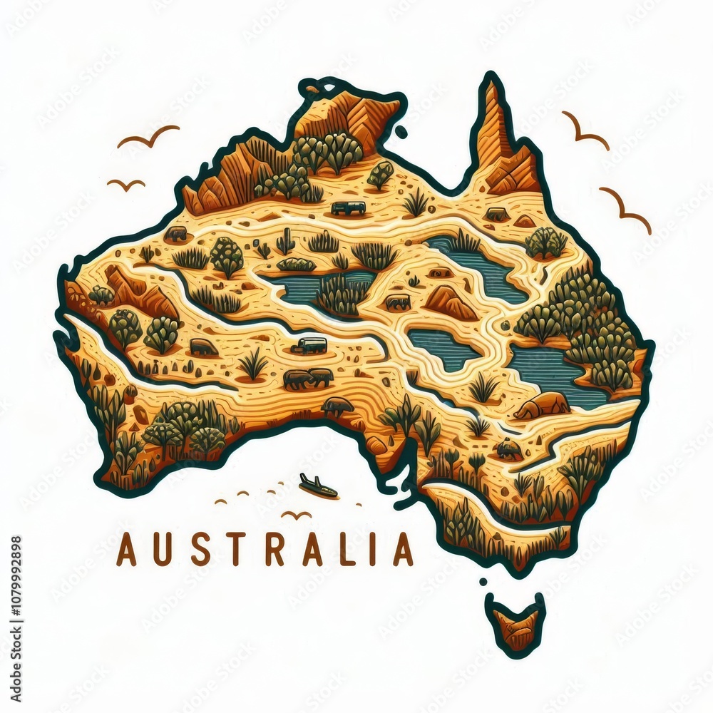 Map of Australia showing desert landscapes, wildlife, and iconic ...
