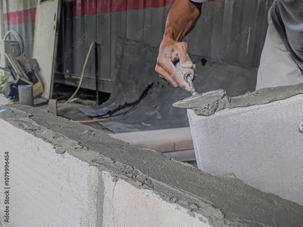 Worker builds a brick wall for house construction. Worker building a ...