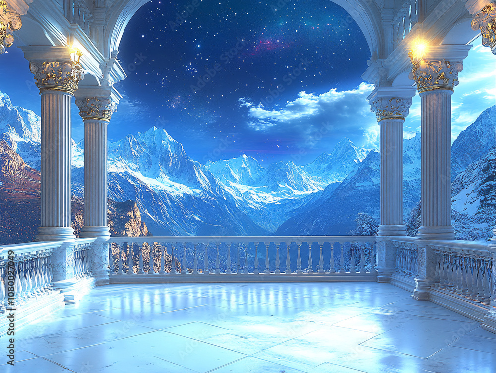 a majestic castle perched on a cliff with elegant fantasy balcony ...