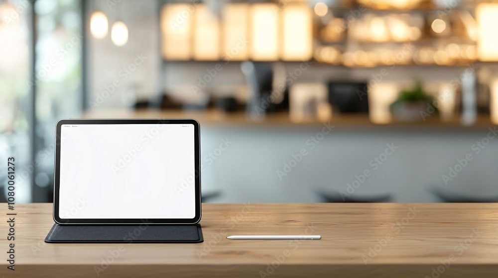 Modern digital mockup template showcasing a tablet on a wooden desk ...