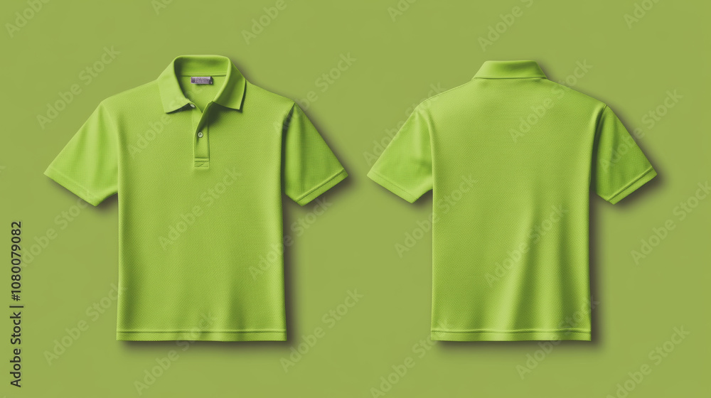 Two lime green polo shirts, shown from the front, back, and side, are ...
