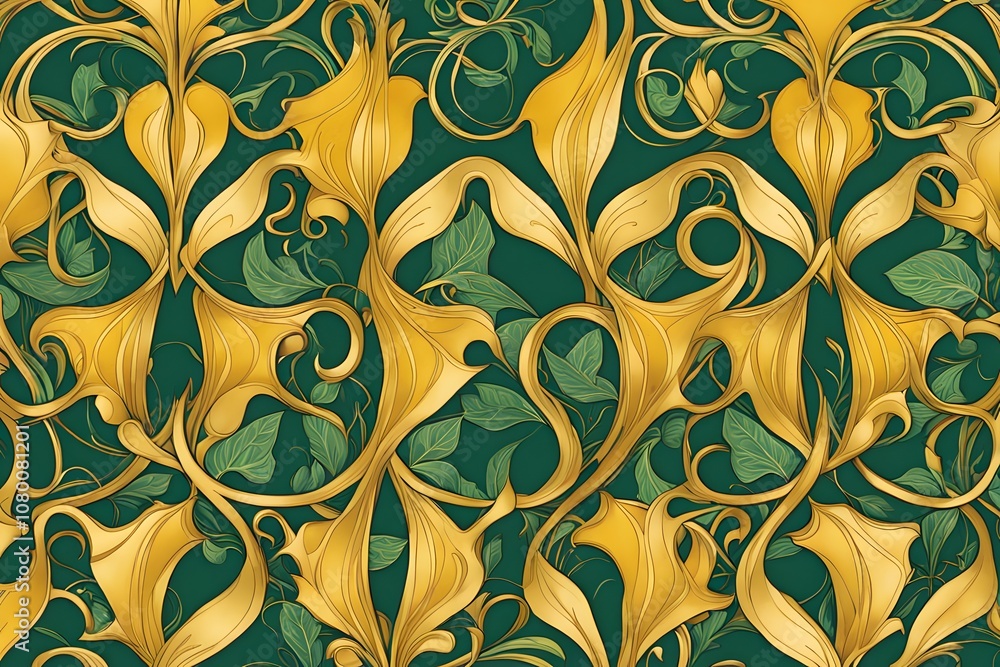 Art nouveau inspired floral pattern with curving lilies and vines in ...