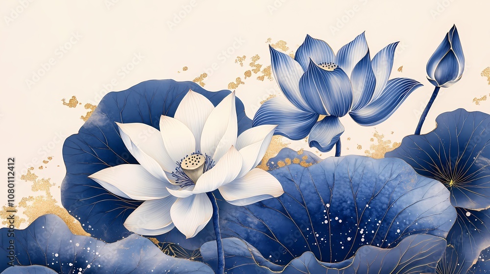 traditional chinese blue and white lotus illustration poster background ...