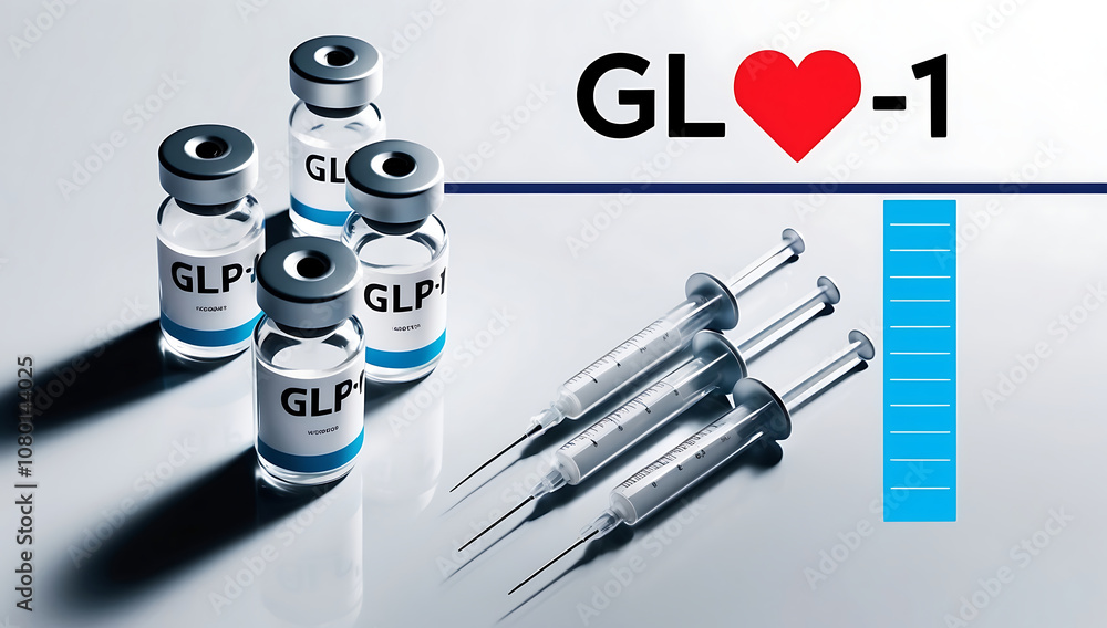 Stock-Illustration „Vials labeled glp-1 with syringes, heart icon, and ...