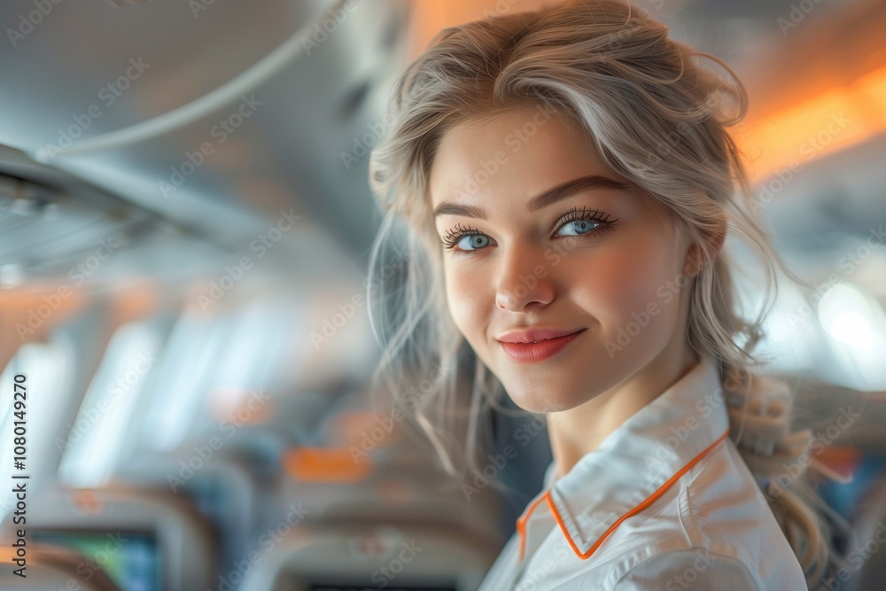 Smiling stewardess in a modern airplane cabin greeting passengers mid ...