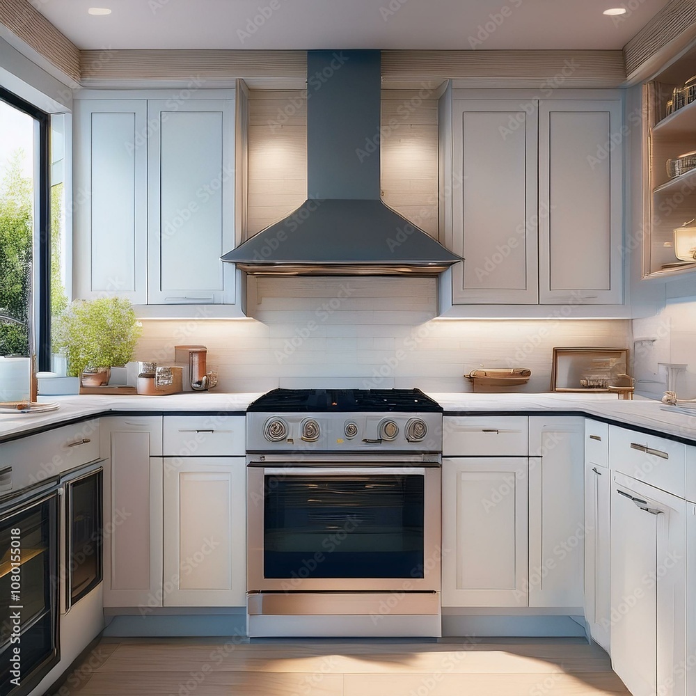 front facing realistic built in kitchen. photo of a kitchen with a hood ...