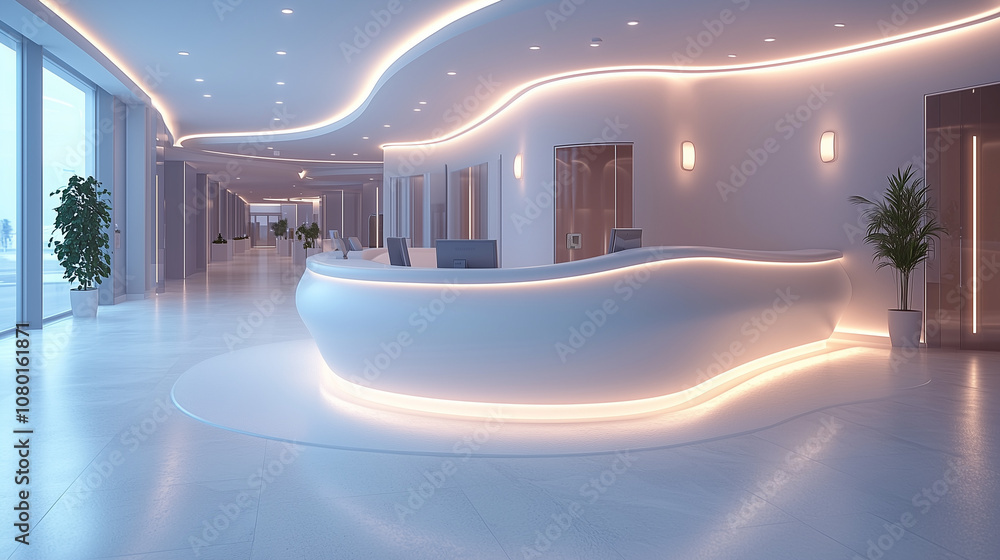 Modern Clinic Reception Area: Sleek, futuristic reception desk with ...
