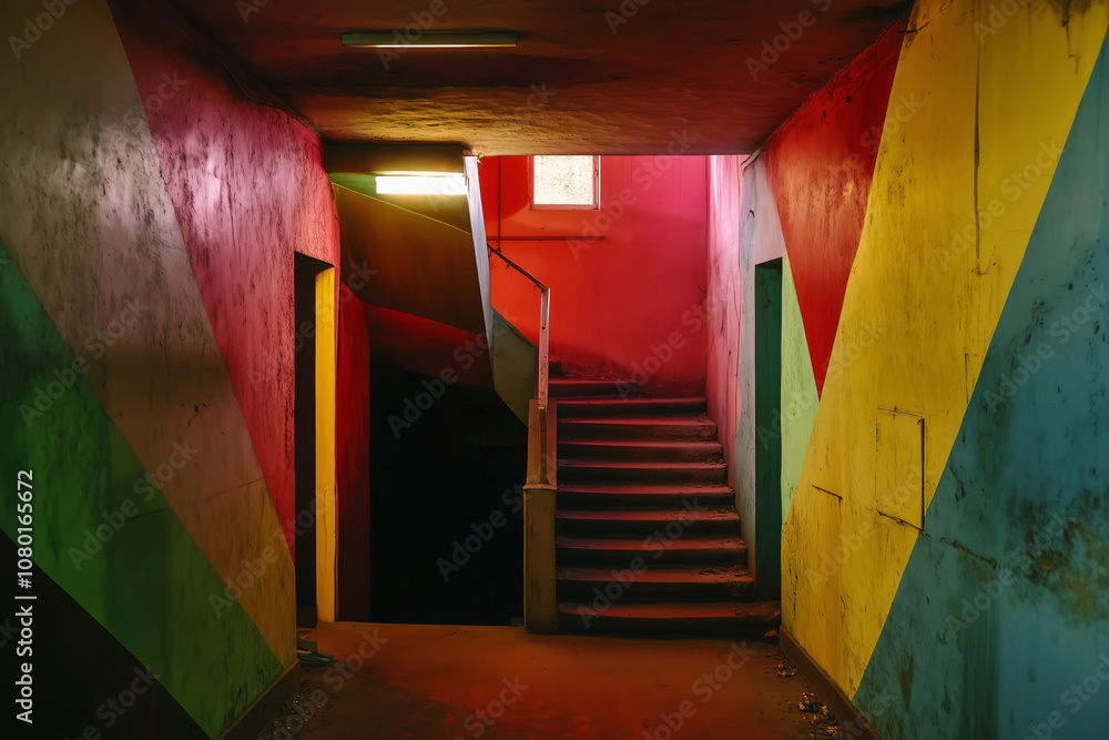 colorful stairway in an underground bunker, a liminal space with ...