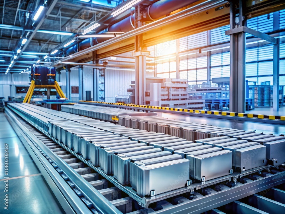 High Capacity Lithium-Ion Battery Cells on a Conveyor Belt in the ...