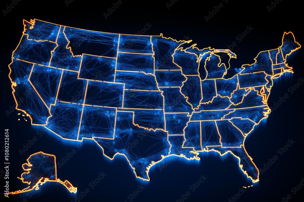 An illuminated map of the United States showcasing vibrant connectivity ...