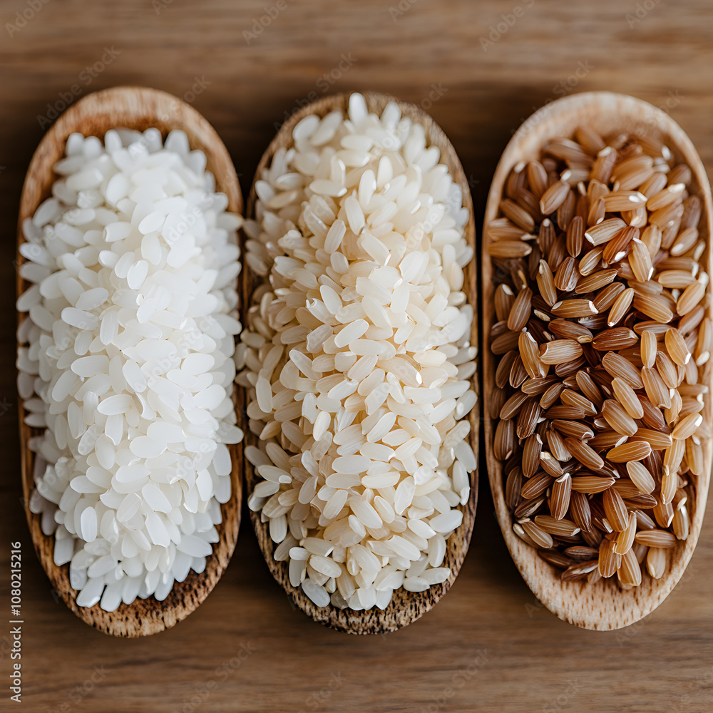 Raw rice grains on a wooden kitchen countertop. Showing different types ...