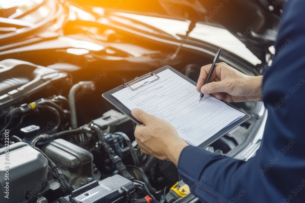 Mechanic explains vehicle maintenance checklist to customer in auto ...