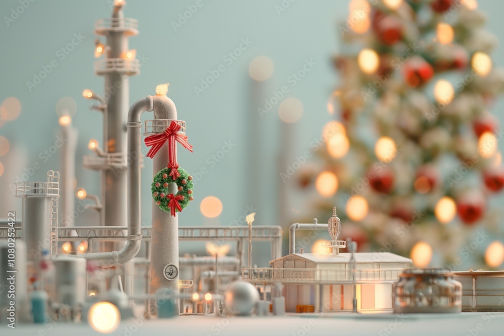 A festive holiday scene oil refinery chemical featuring a decorated ...