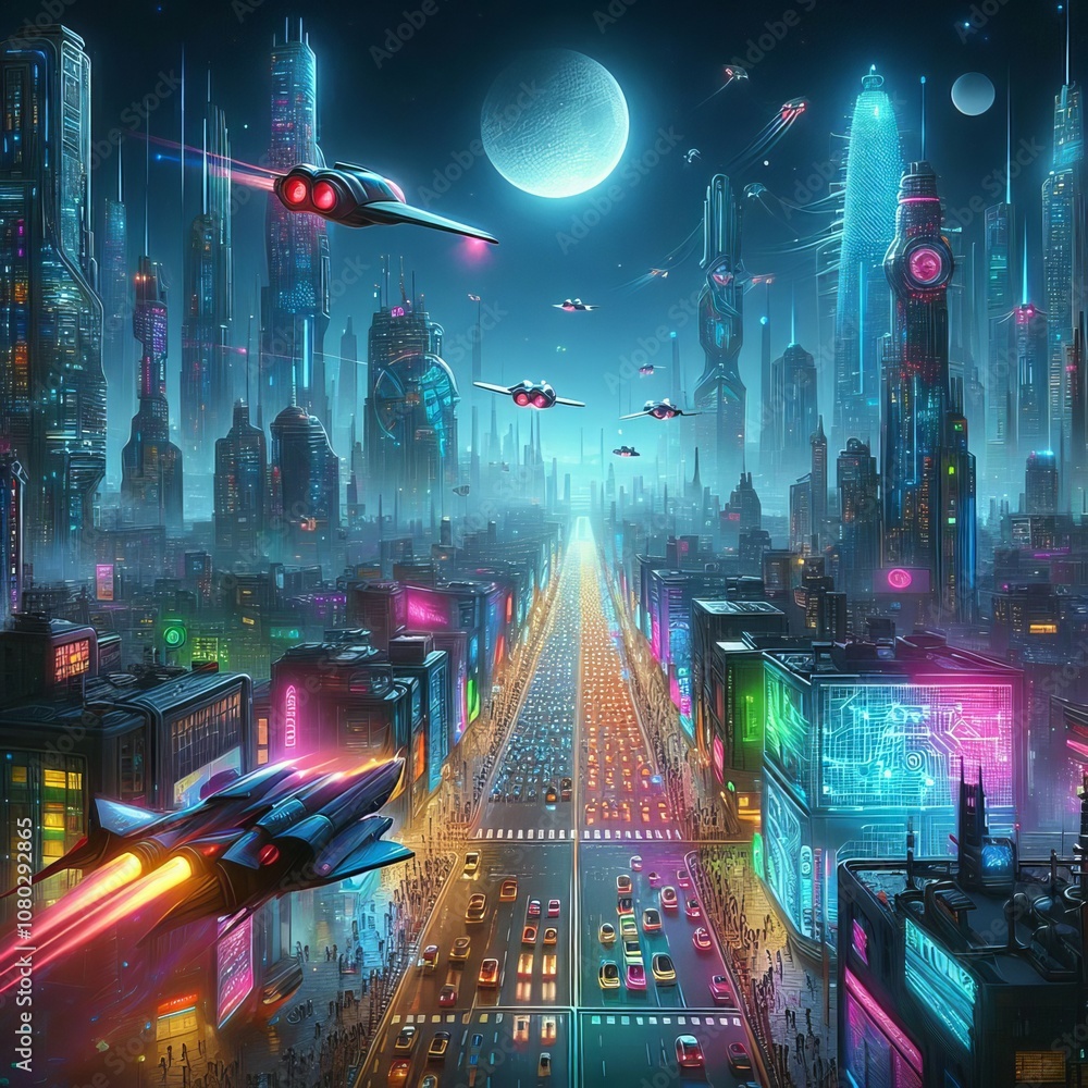 Spectacular nighttime in cyberpunk city of the futuristic fantasy world ...