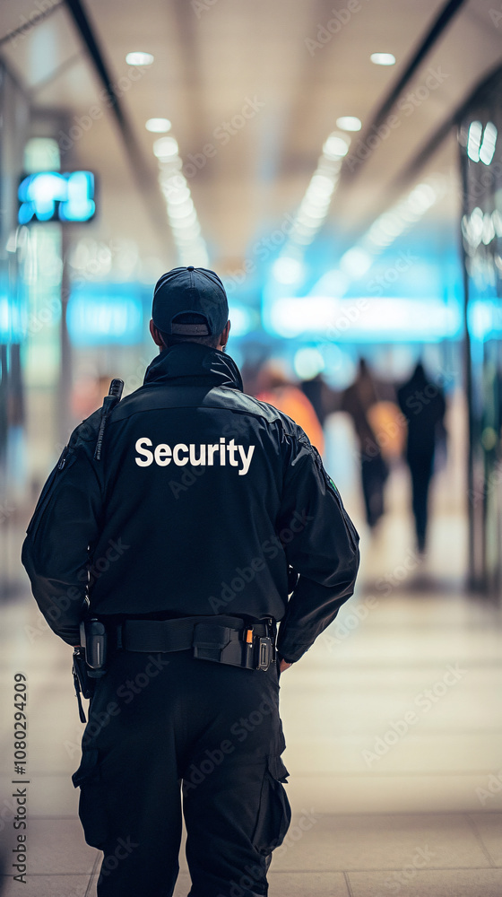 Ensuring safety and professionalism: a security guard patrols a public ...