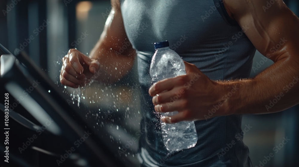 man in sportswear is running on the treadmill, holding an ice water ...