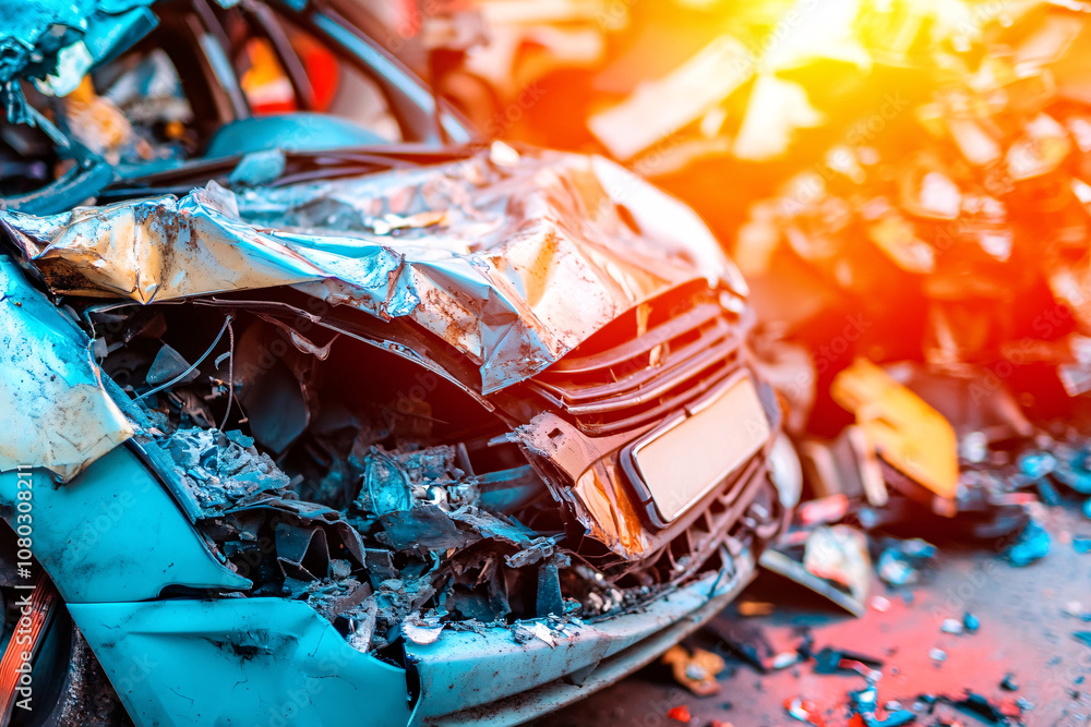 Crumpled front-end of a severely damaged car in a crash with scattered ...