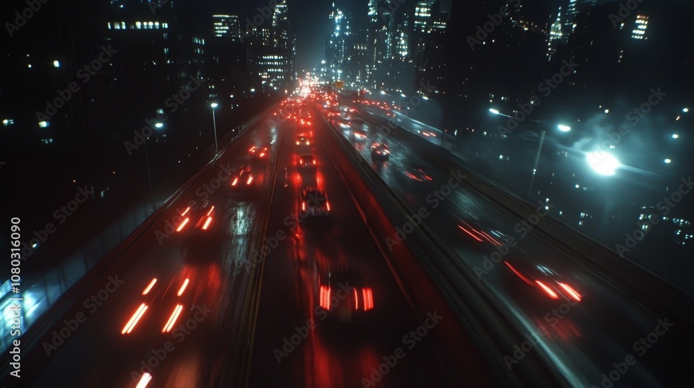 Blurred red taillights illuminate a busy highway at night, capturing ...