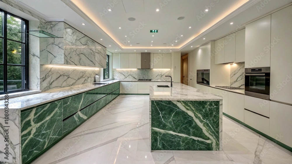 Front view of a luxurious kitchen featuring engineered stone benchtops ...