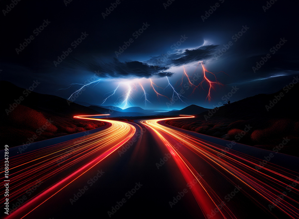 A winding road splits in two, illuminated by streaks of red and blue ...