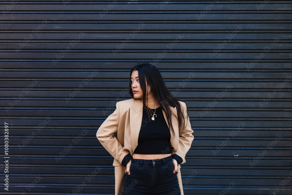 Stylish young asian woman posing with hands on hips in front of a metal ...