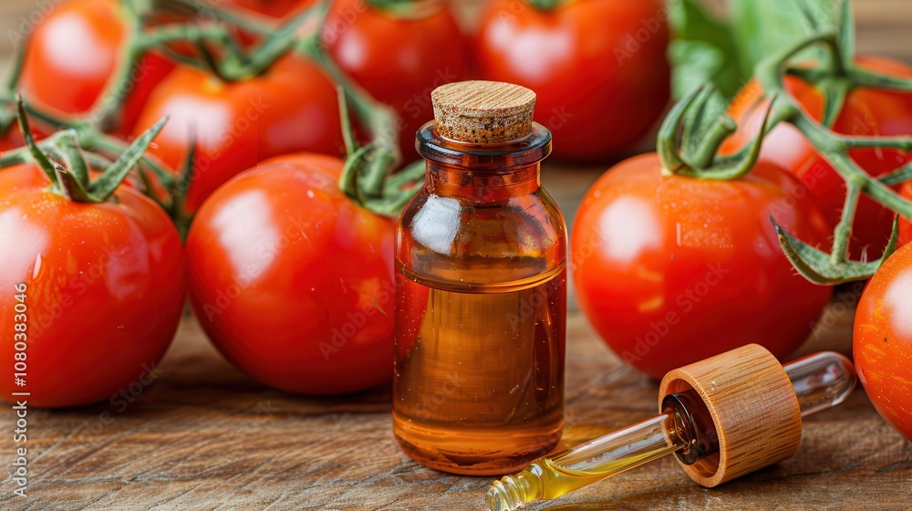 Organic essential tomato. A bottle of tomato oil sits among fresh red ...