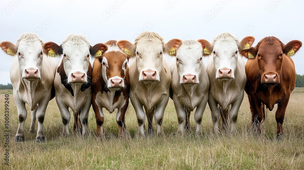 Seven cows standing in a row on a grassy field, with each wearing ear ...