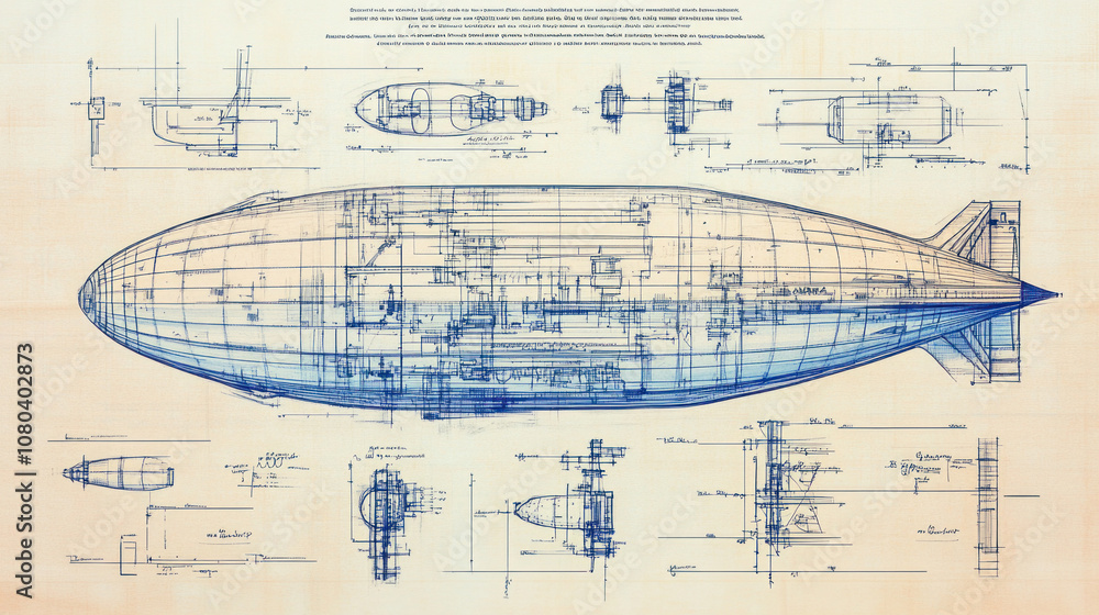 Blueprint showing cross section and components of dirigible airship ...
