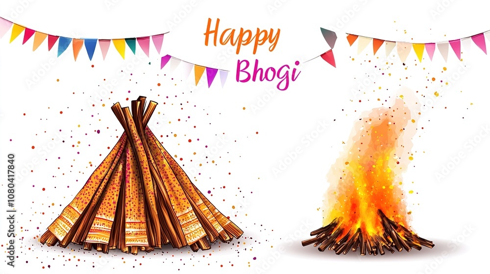 Happy Bhogi festival vector illustration. festive wood bonfire. Telugu ...