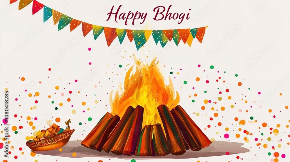 Happy Bhogi festival vector illustration. festive wood bonfire. Telugu ...