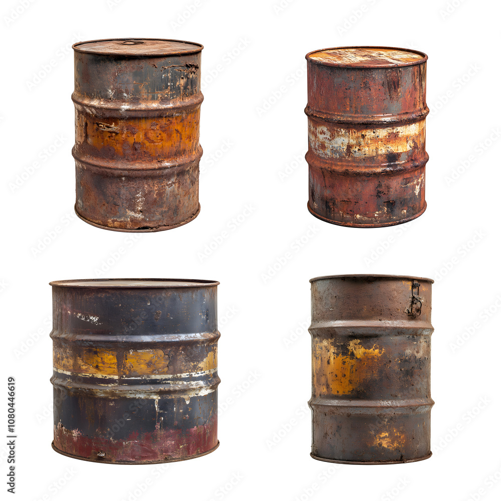 Four rusty barrels sit against a black background. The barrels are in ...