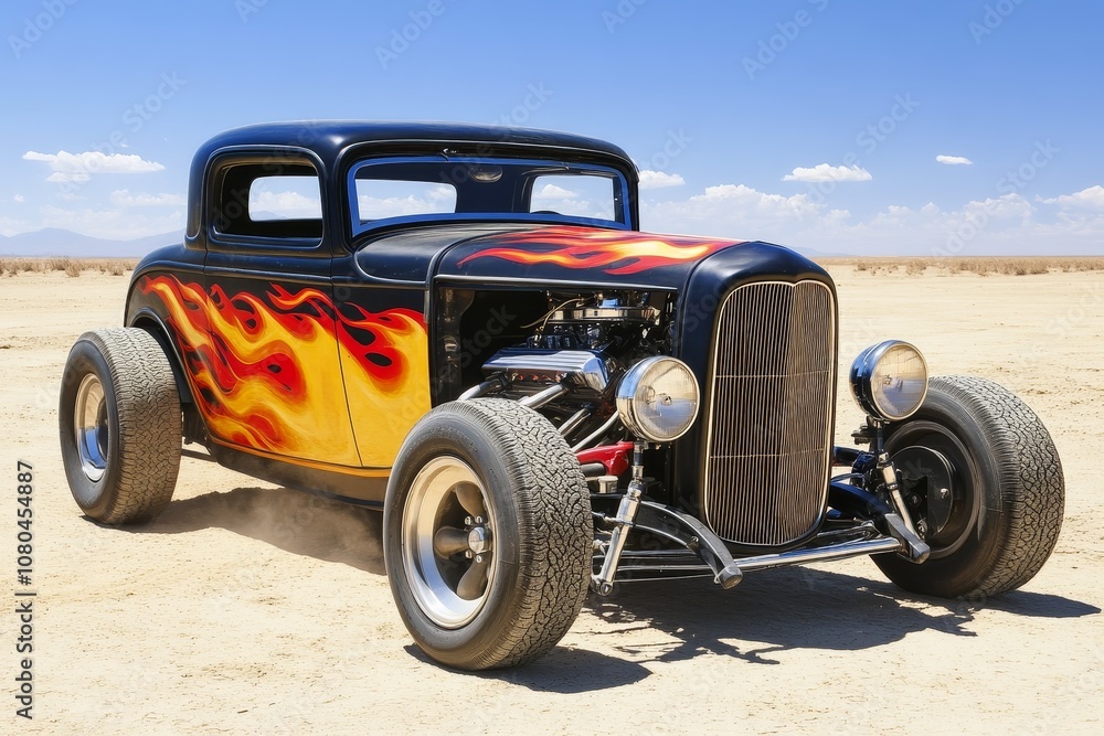 Custom hot rod with flame decals and exposed engine in a desert setting ...