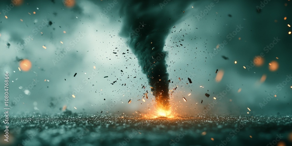 Tornado, funnel shape and its impact. A dramatic scene depicting a ...