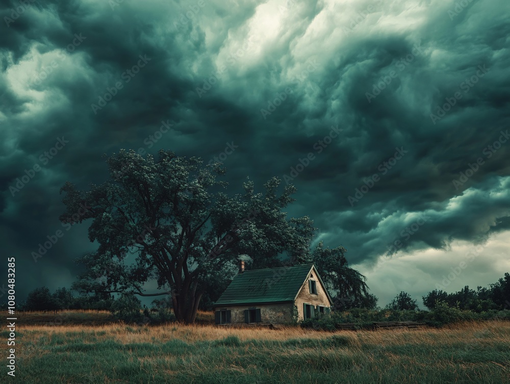 Isolated farmhouse under dark storm clouds in rural landscape. Scene of ...