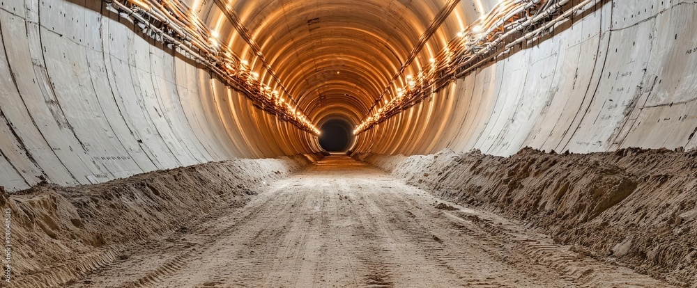 Underground tunnel construction site with illuminated pathways, leading ...