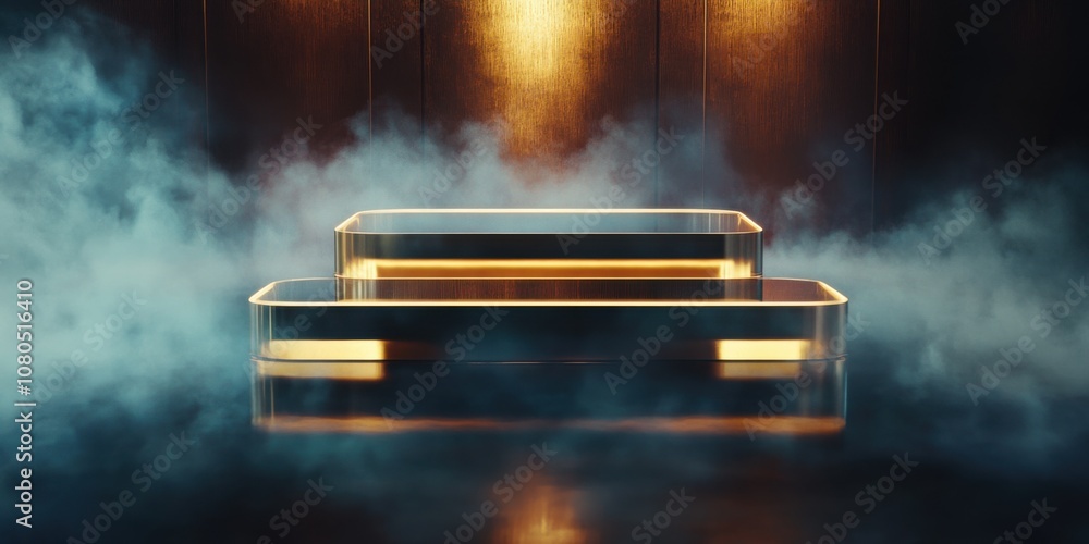 Elegant floating podium with layered glass and gold accents, suspended ...