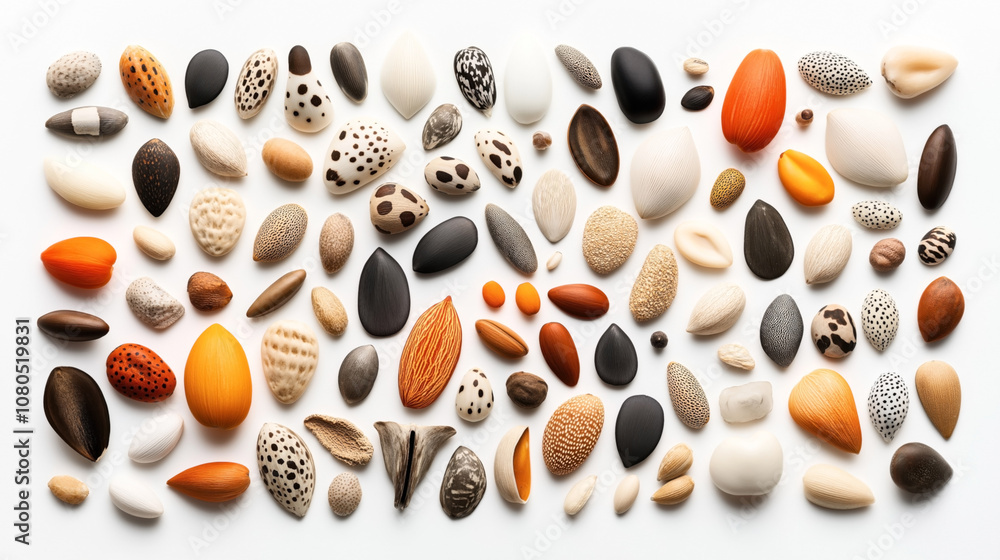Collection of various colorful seeds and nuts with diverse shapes ...