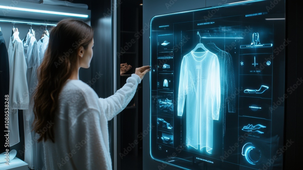 A shopper in a smart fitting room using holographic displays to try on ...