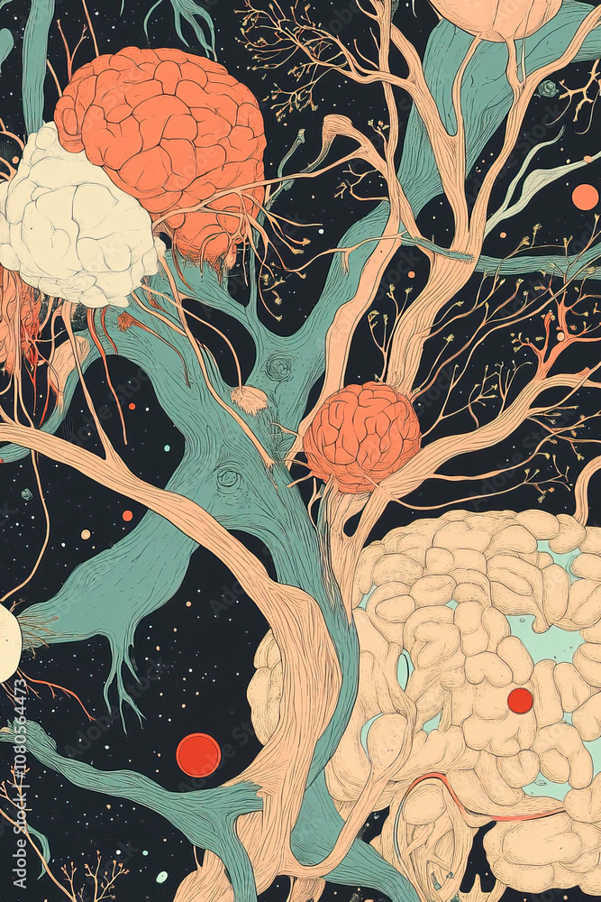 colorful abstract, pastel illustration of neural connections brain networks synapses brain ...