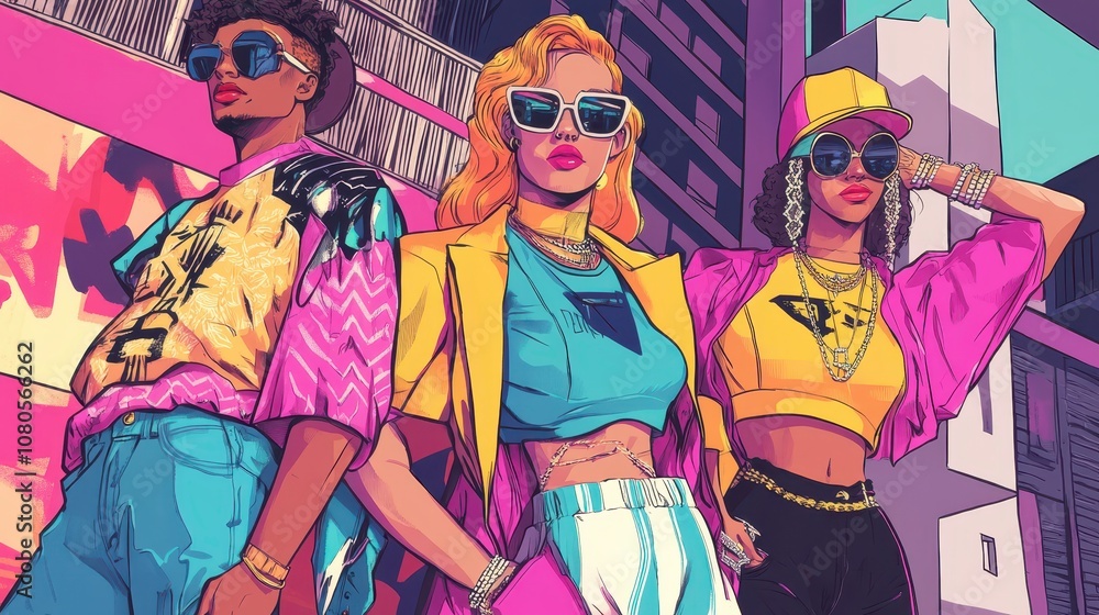 Stock-Illustration „Vibrant 80s street scene with a focus on urban ...