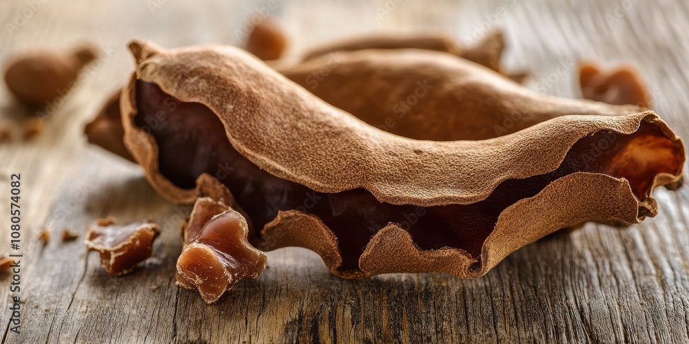 Discovering the unique features of a cracked open tamarind pod close-up ...