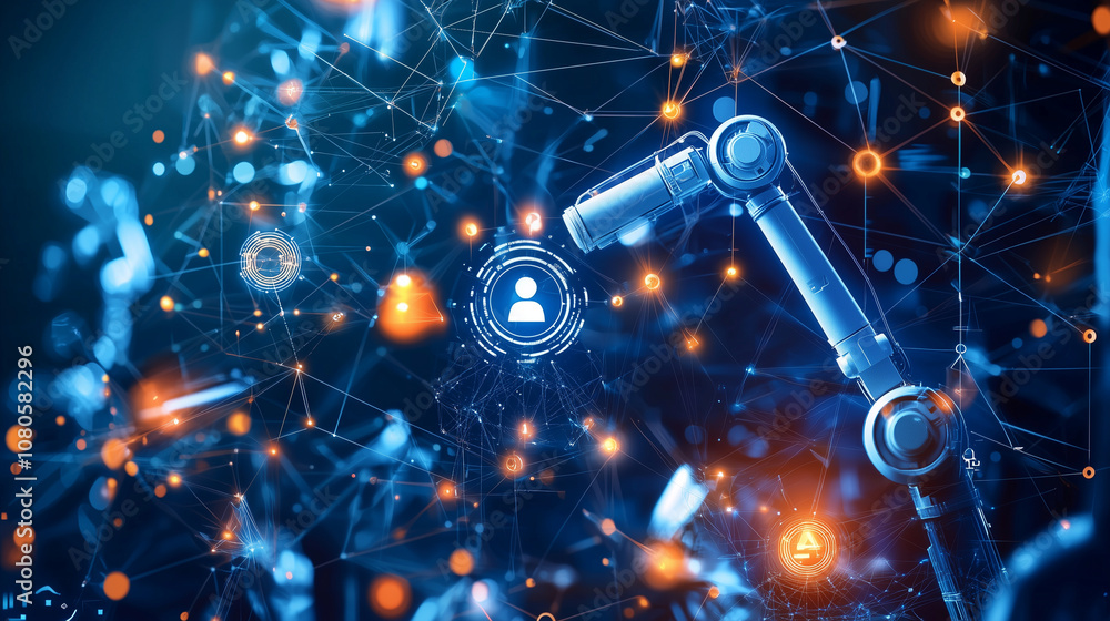 Industrial robots in a digitalized factory environment, surrounded by ...