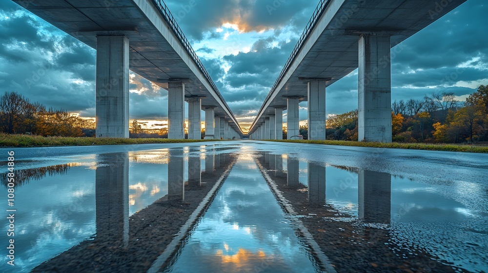 Dramatic perspective of elevated highway bridge features wet reflective ...