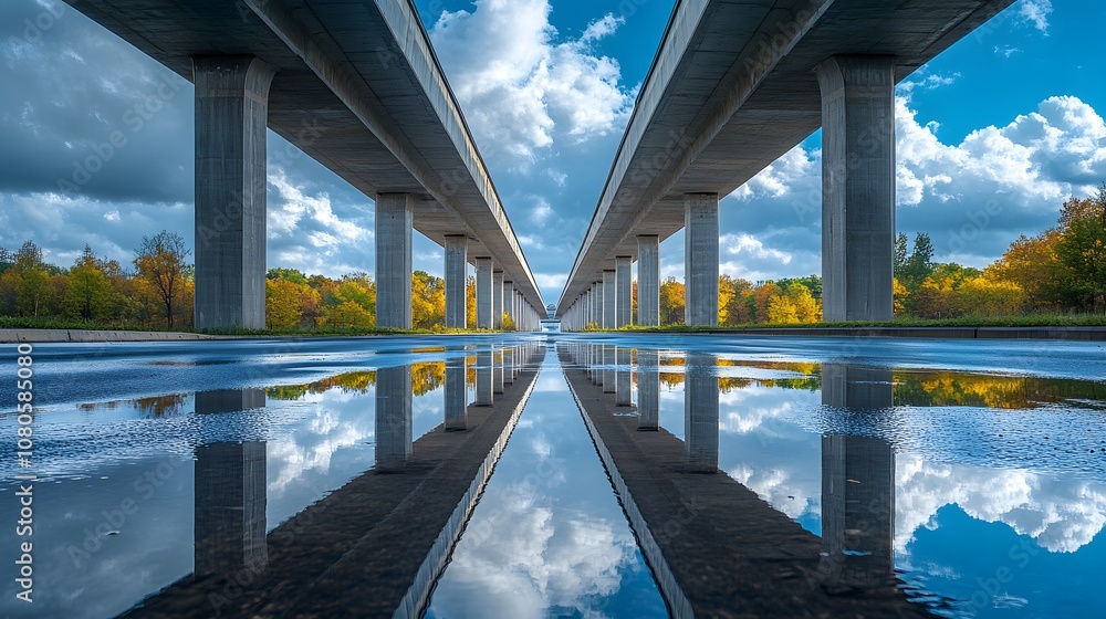 Dramatic perspective of elevated highway bridge features wet reflective ...