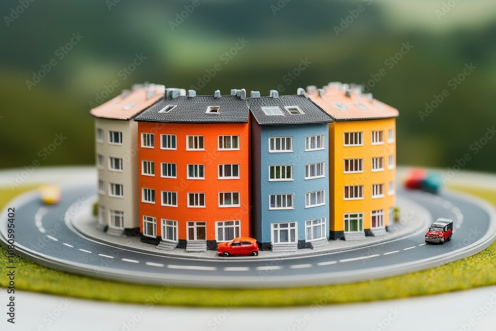 Tiny matchbox apartment buildings with colorful facades, arranged along ...