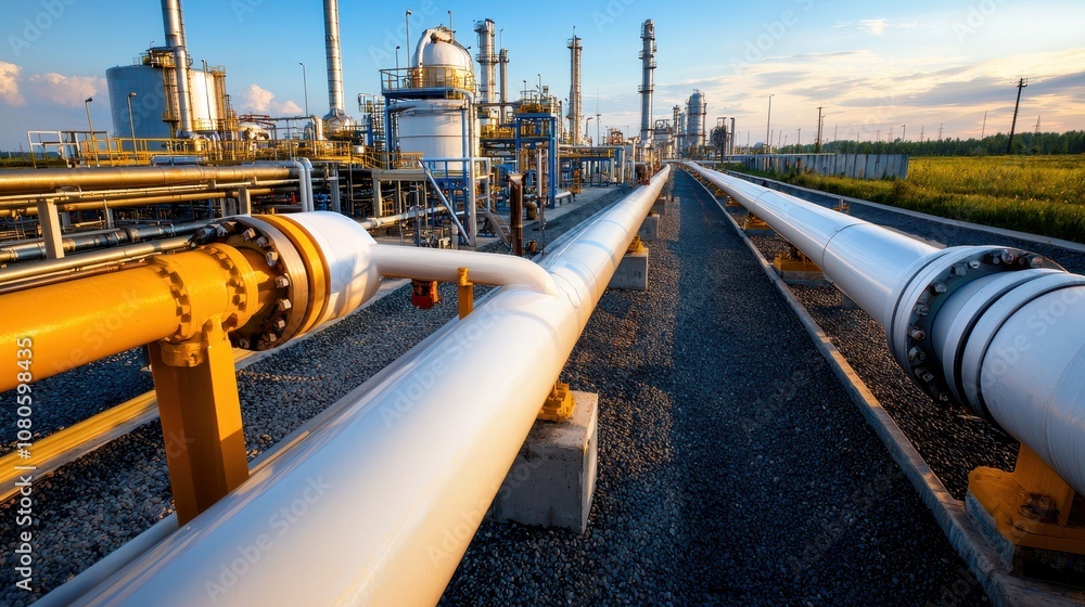 Aerial view of a process piping system in a chemical refinery, with ...