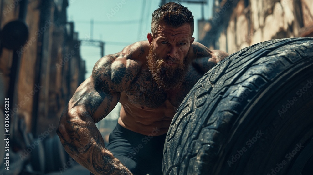 Muscular bearded man with tattoos flips massive tire in gritty urban ...