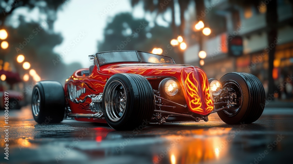 A classic hot rod with flaming decals parked on a wet downtown street ...